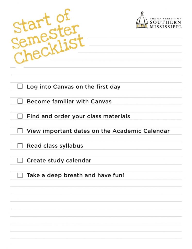 Start of Semester Checklist · Online at Southern Miss